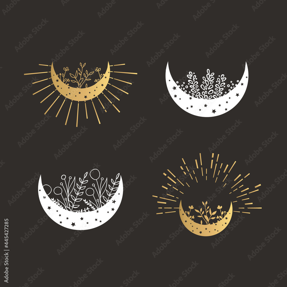 Hand Drawn Gold Moon Logo with Flowers, Herbs, and Sunburst. Magic Moon ...