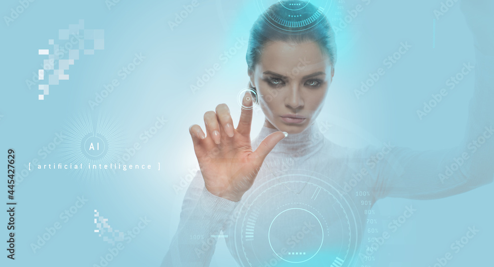 Cyberpunk girl working with artificial intelligence in virtual reality ...