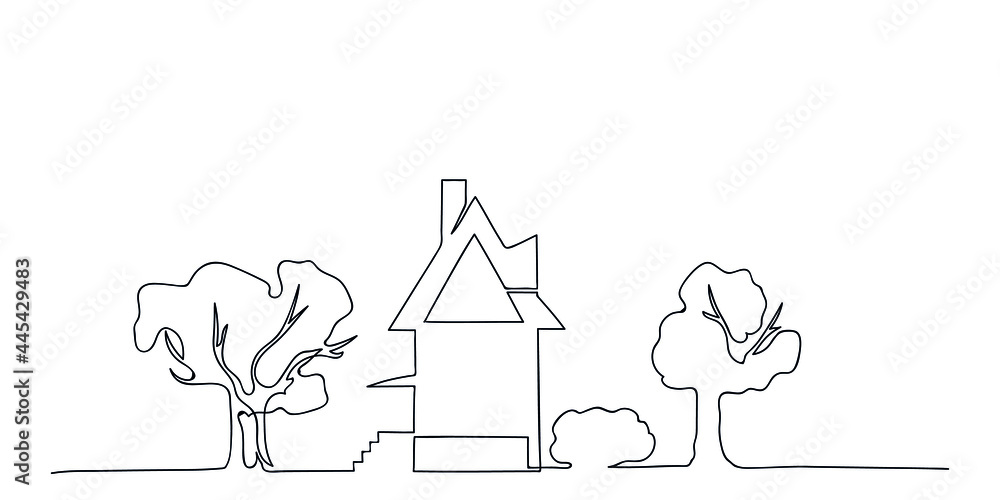 Continuous line drawing of house with trees and shrub. Sketch of ...