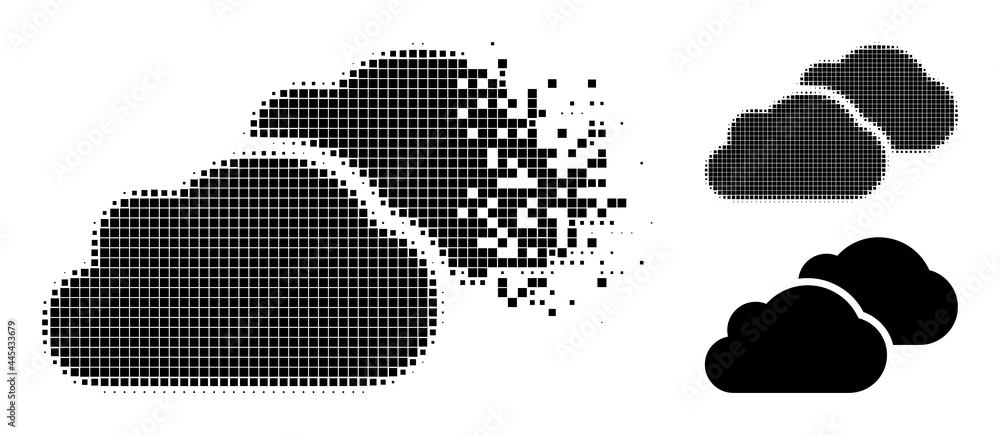 Dissipated pixelated clouds pictogram with wind effect, and halftone ...