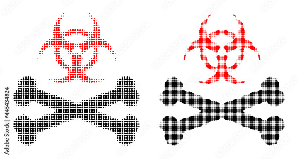 Pixelated halftone biohazard bones icon. Vector halftone composition of ...