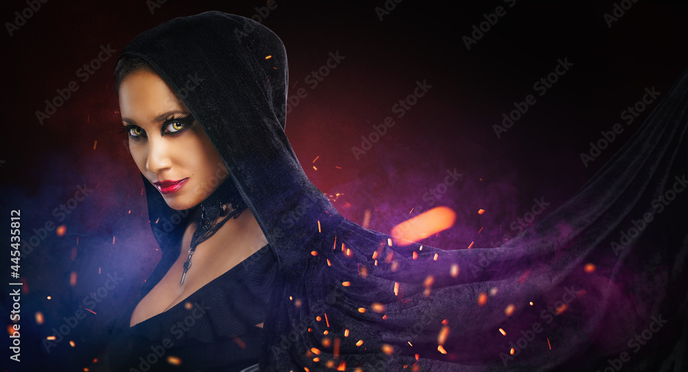 fantasy gothic woman dark witch. Black-haired evil girl demon in black ...