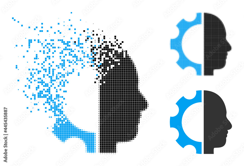 Dispersed dotted cyborg gear pictogram with wind effect, and halftone ...