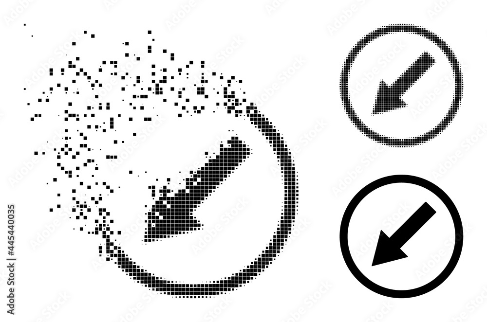 Fragmented dotted down-left rounded arrow pictogram with destruction ...