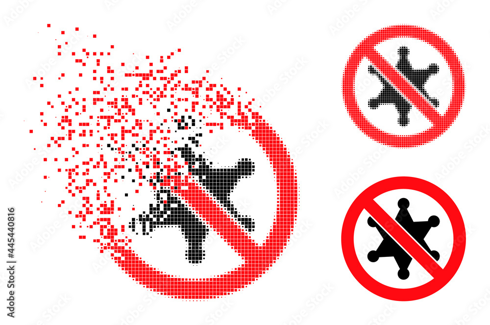 Decomposed pixelated stop sheriff star icon with wind effect, and ...