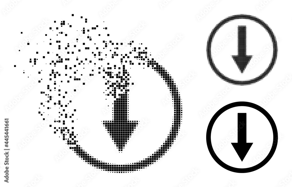 Broken pixelated down rounded arrow icon with wind effect, and halftone ...