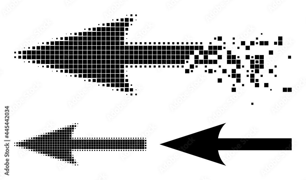 Damaged pixelated sharp arrow left glyph with destruction effect, and ...
