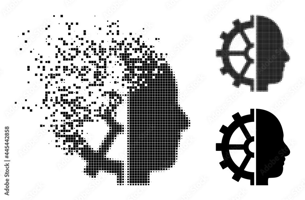 Shredded pixelated cyborg gear icon with wind effect, and halftone ... Shredded pixelated cyborg gear icon with wind effect, and halftone ...