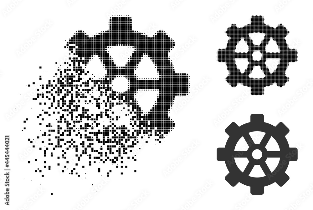 Moving pixelated gear pictogram with destruction effect, and halftone ...