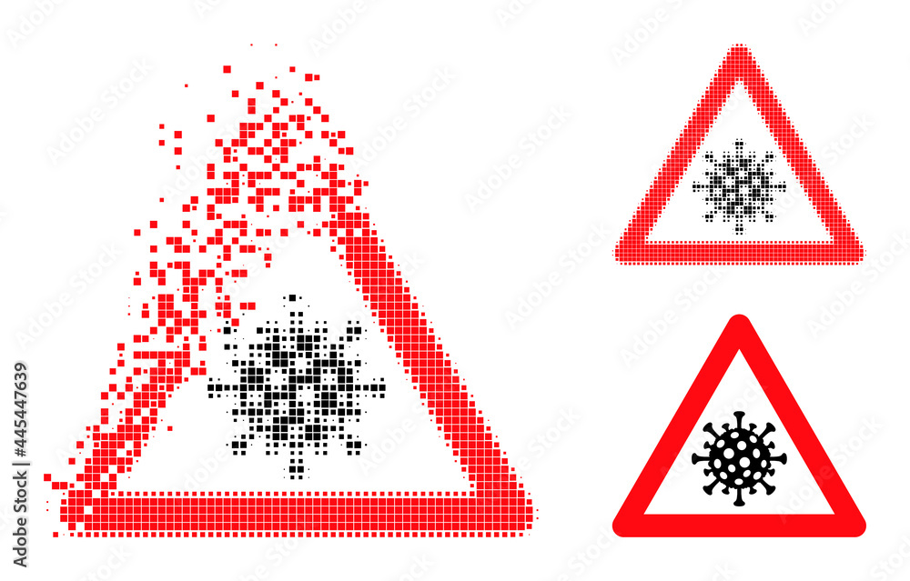 Fractured pixelated viral warning pictogram with destruction effect ...