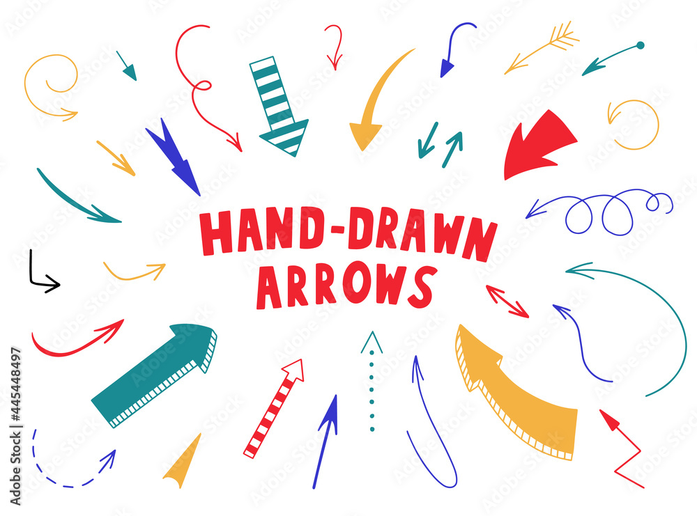 Hand drawn arrows. Vector arrows digital set in doodle school style ...