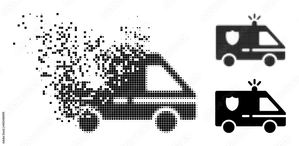 Decomposed pixelated police car pictogram with destruction effect, and ...