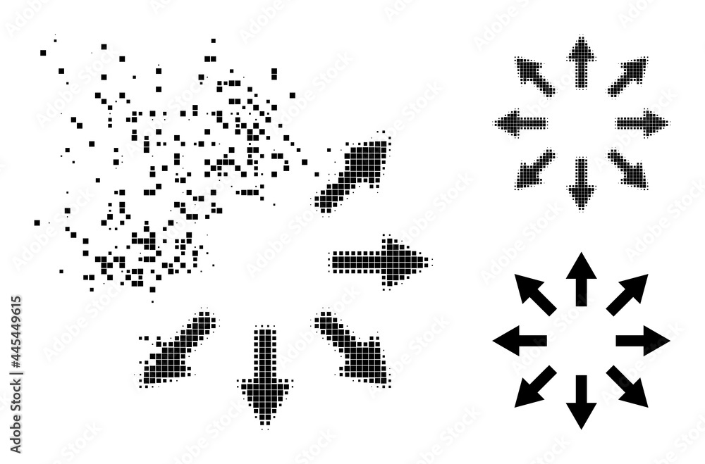 Destructed pixelated radial arrows pictogram with wind effect, and ...