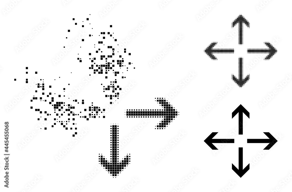 Dispersed dotted expand arrows icon with wind effect, and halftone ...
