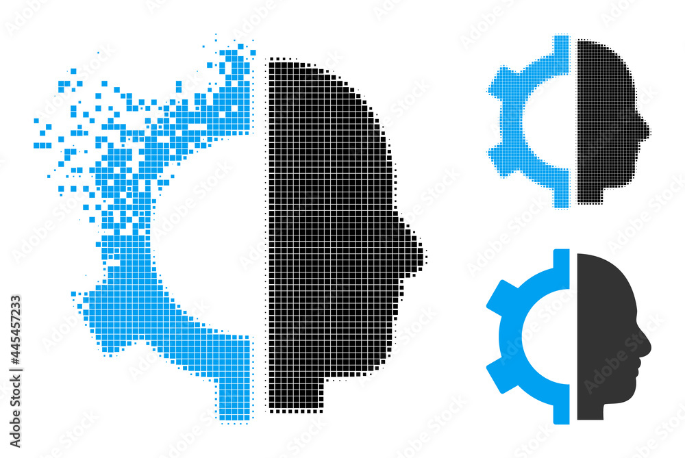 Fractured pixelated cyborg gear pictogram with destruction effect, and ... Fractured pixelated cyborg gear pictogram with destruction effect, and ...