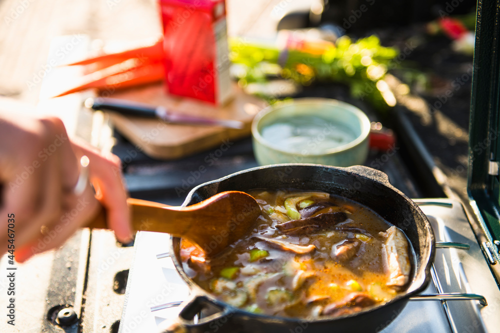 Young woman tailgating cooking while beach car camping alone Stock ...