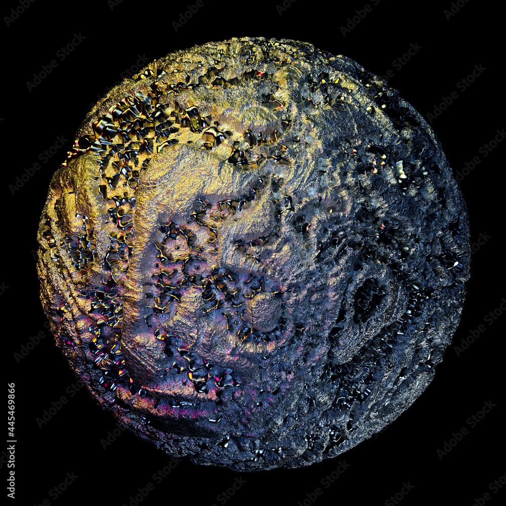 3d render of abstract art of surreal ball sphere or iron planet with ...