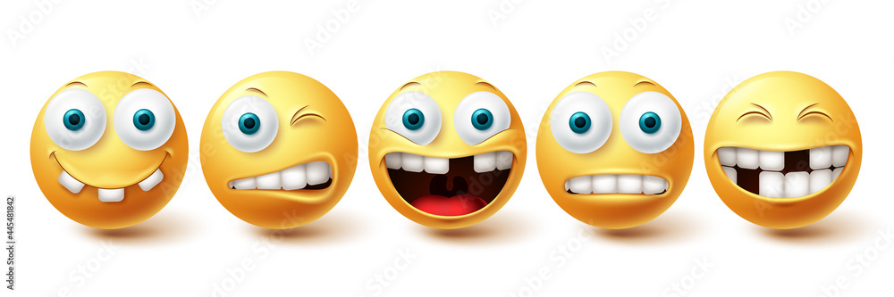 Smiley emoji funny teeth vector set. Smileys emoticon funny teeth and ...