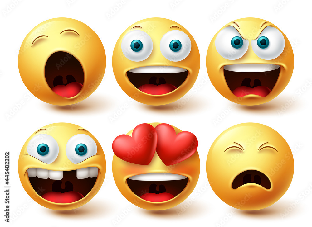Emoji smileys happy vector set. Smileys emoticon happy, in love and ...