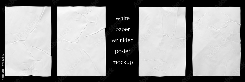 White paper wrinkled poster template , blank glued creased paper sheet ...