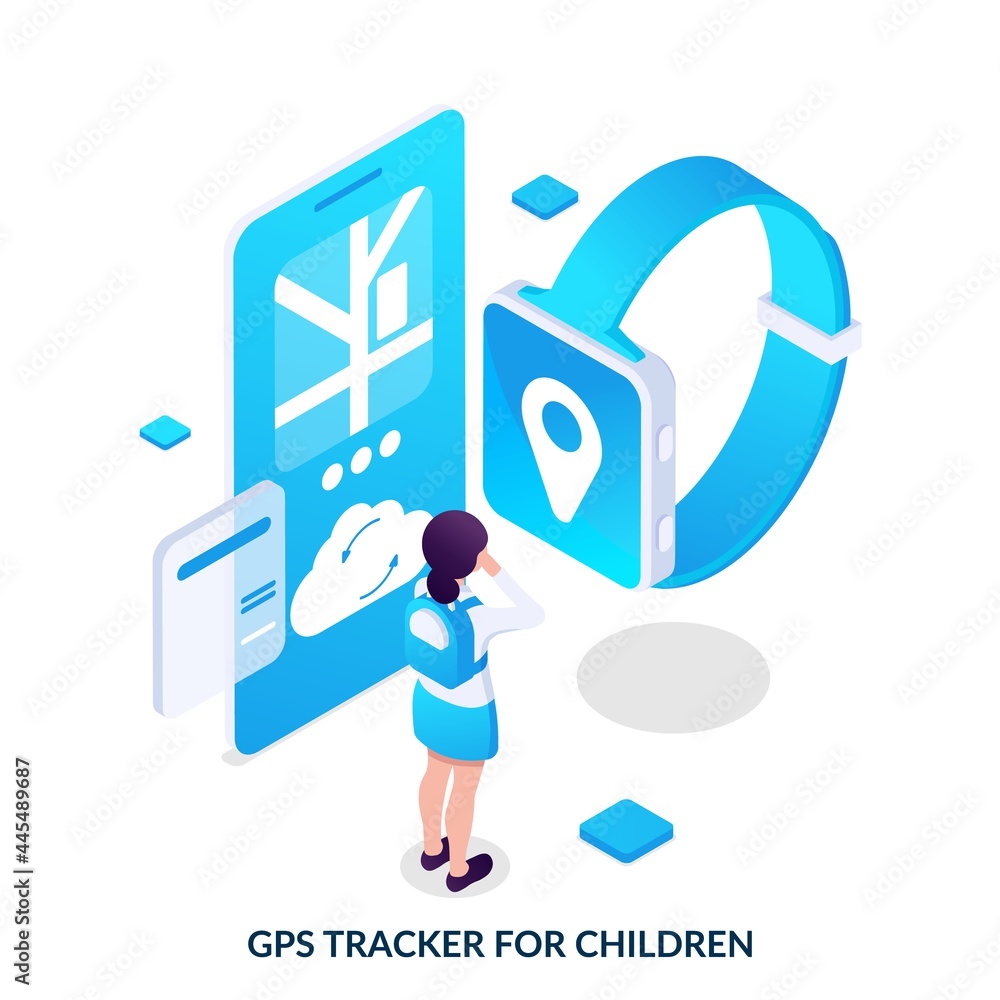 Gps tracker for children. A girl stands in front of a smart watch with ...