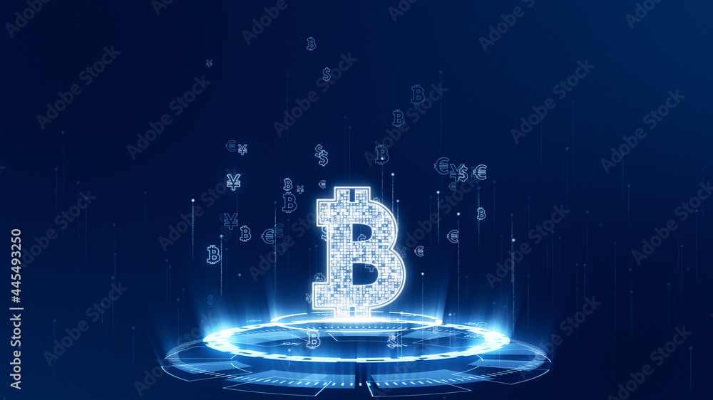 Blue digital 3D money logo with futuristic technology icon and line ...