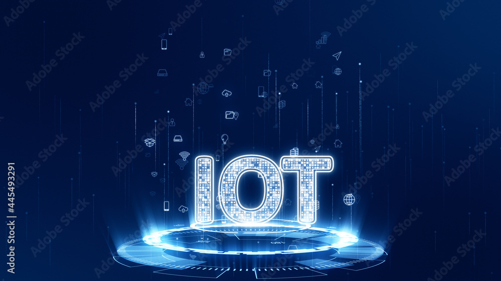 Blue digital IOT logo with futuristic technology circle and icon on ...