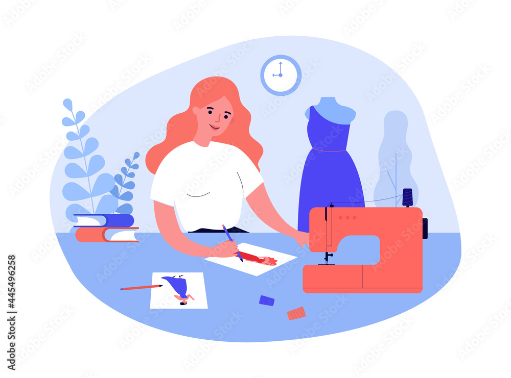 Cartoon girl sewing clothes flat vector illustration. Woman drawing ...