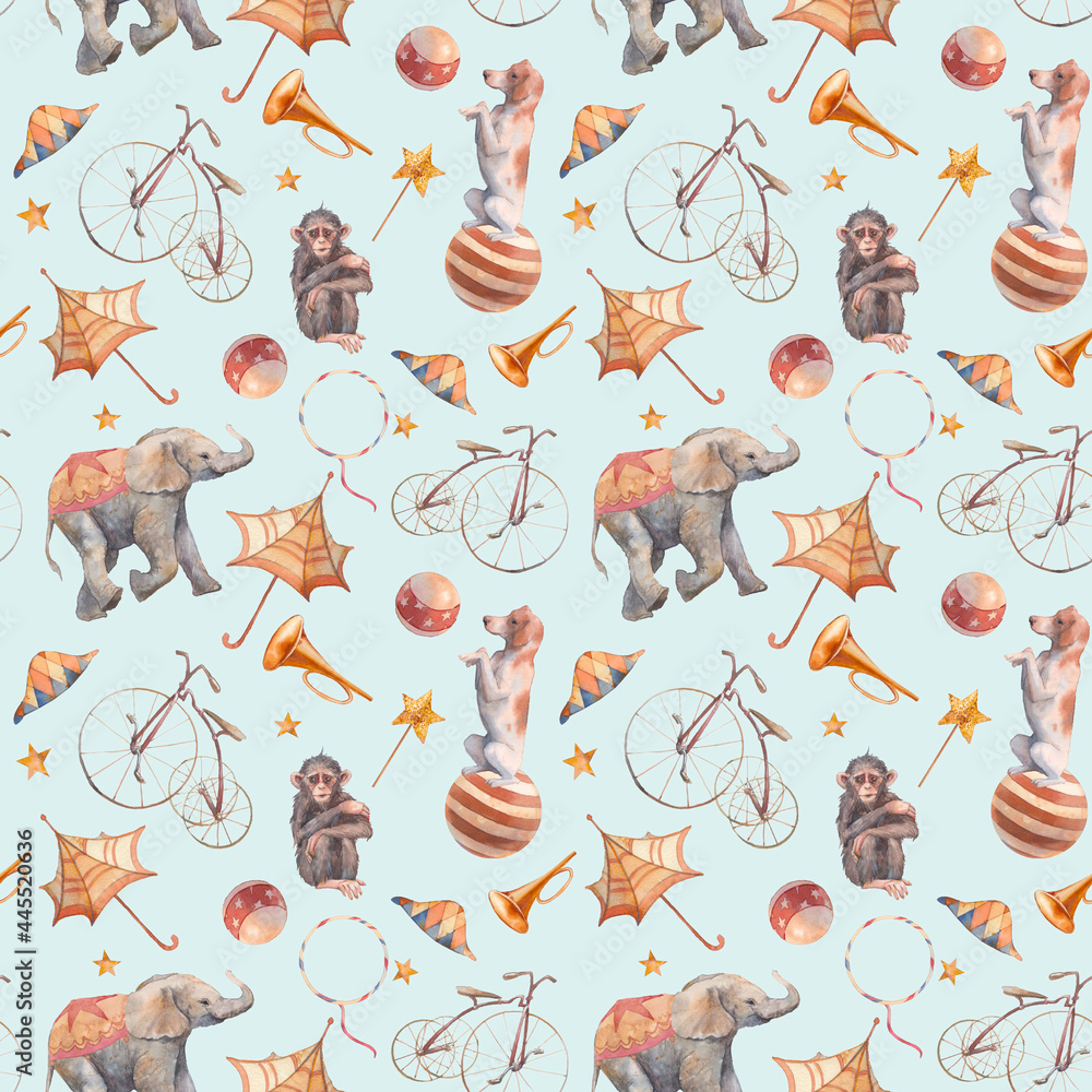 Retro circus pattern. Seamless texture with trained animals, balls ...