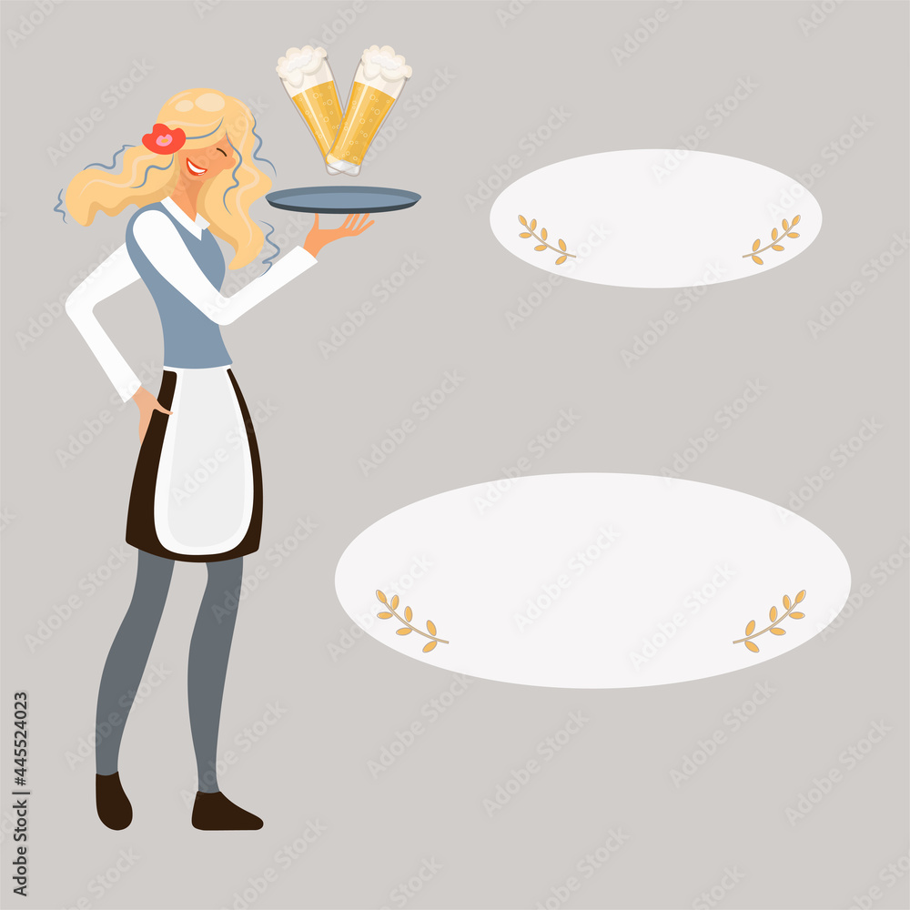 Cute showy girl with a tray and two glasses of beer. A pretty blonde ...