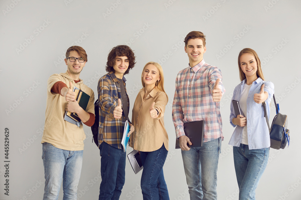 Education, happy young people, school course approval, success exam ...