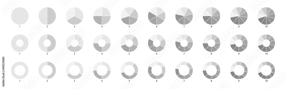 Segment slice sign. Pie chart gray icons. 10,2,4,5 segment infographic ...