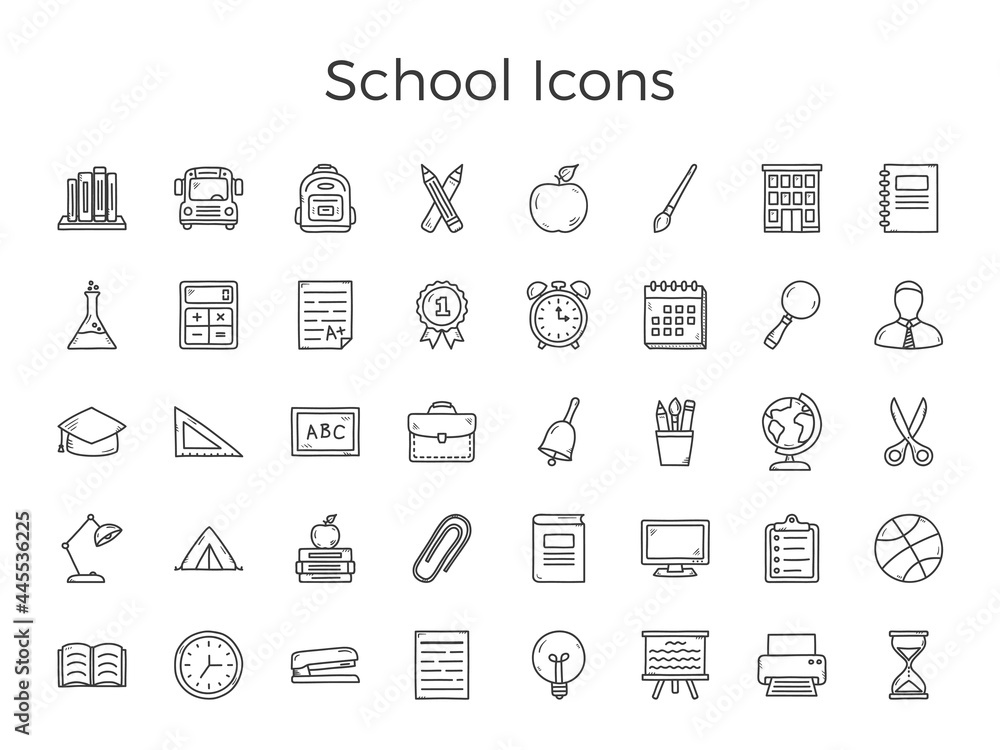 School icons - set of 40 hand drawn school or education objects Stock ...