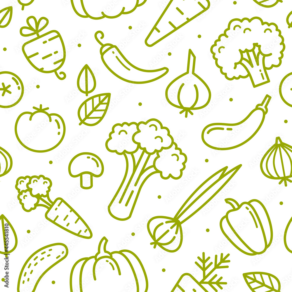 Thin Line Cartoon Vegetables Green icons and symbols seamless vector ...