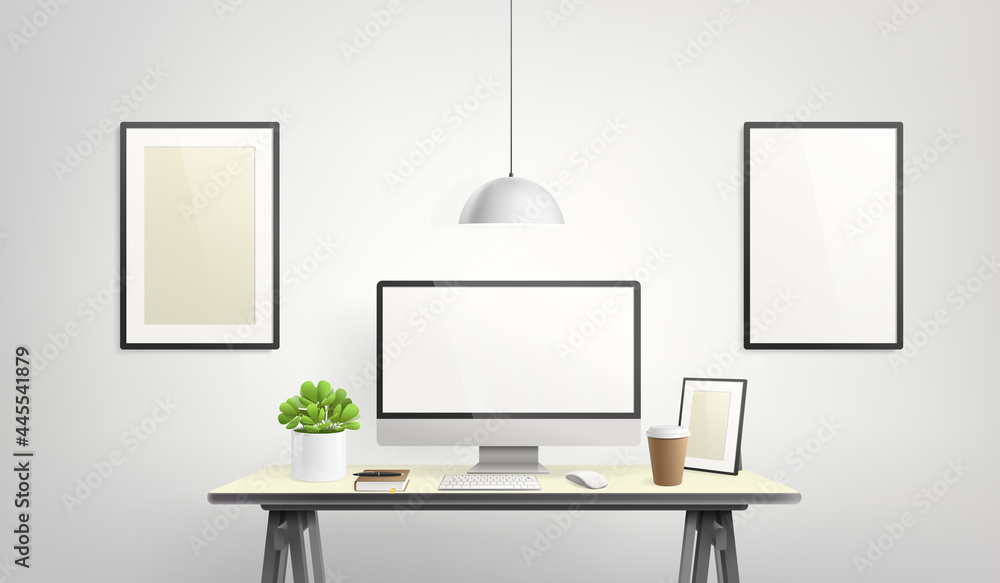 Vector Computer Display and office elements objects on desk table ...
