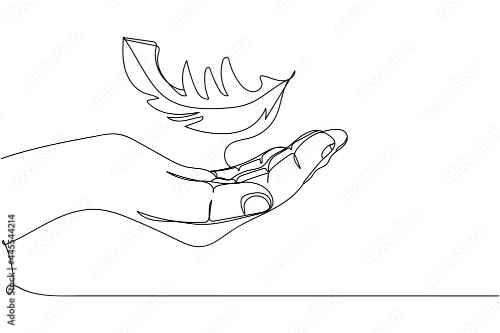 Continuous one line of feather falling to hand in silhouette on a white ...