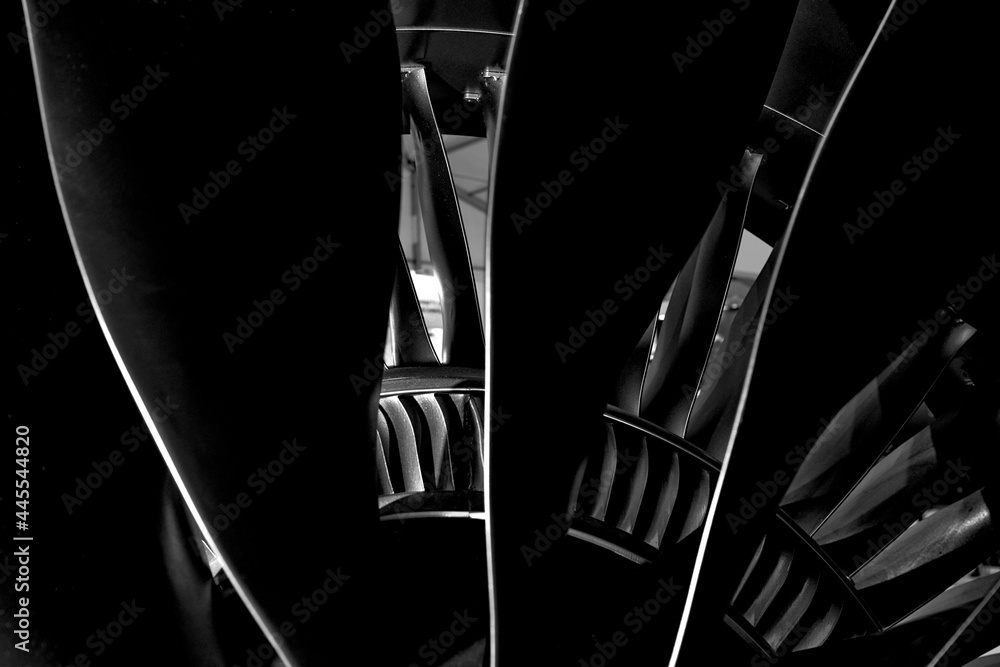 Modern turbofan engine. close up of turbojet of aircraft on black ...