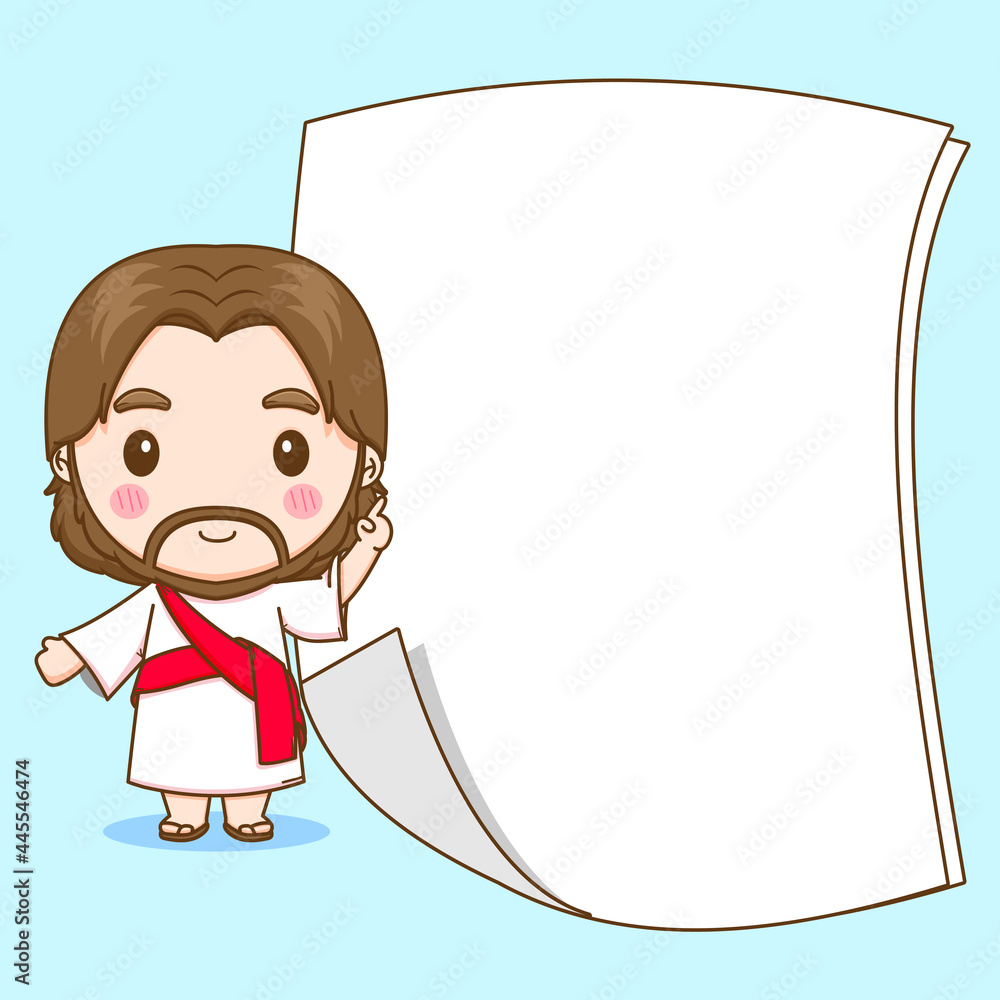Cartoon illustration of cute Jesus with empty paper Stock Vector ...
