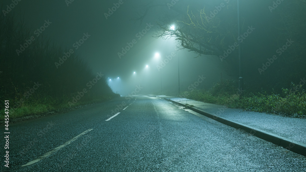 An empty road going into the distance, with street lights on a moody ...
