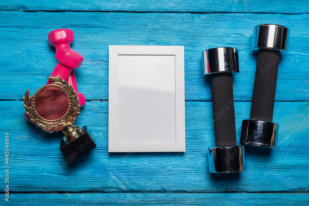 Gym coach diploma or certificate template. Empty photo frame with copy ...