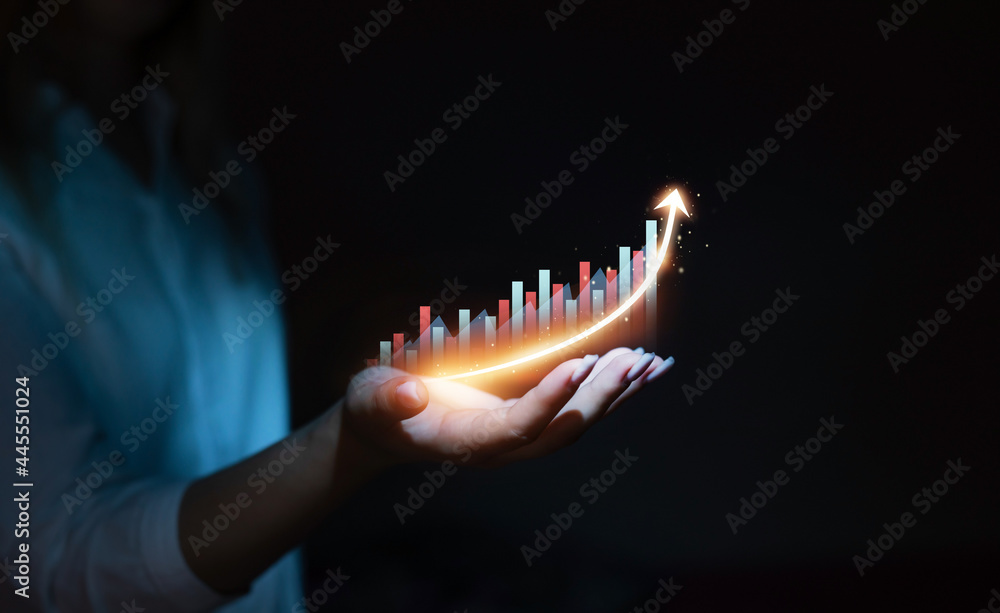 Business Woman finger draws growth arrow graph chart. Global business ...
