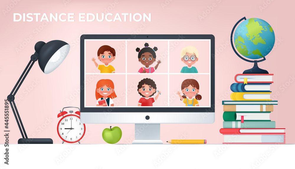 Video conference with school children. Online education concept. Vector ...