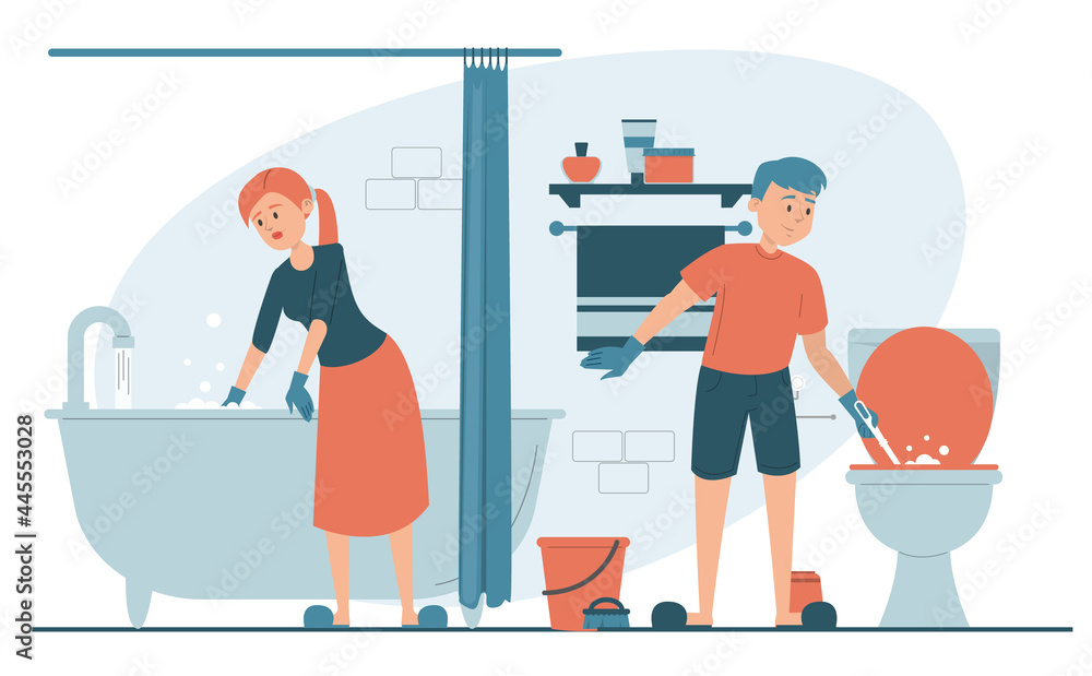 Woman cleaning bathtub and man washing toilet. Everyday domestic ...