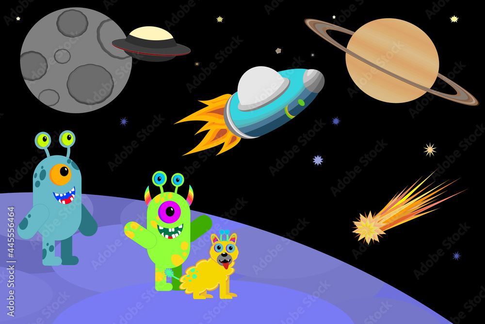 Two cute aliens and alien dog in an outer space landscape with UFO’s ...