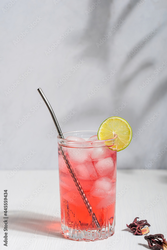 Cold refreshing hibiscus herbal tea tea made of dried flowers of red ...