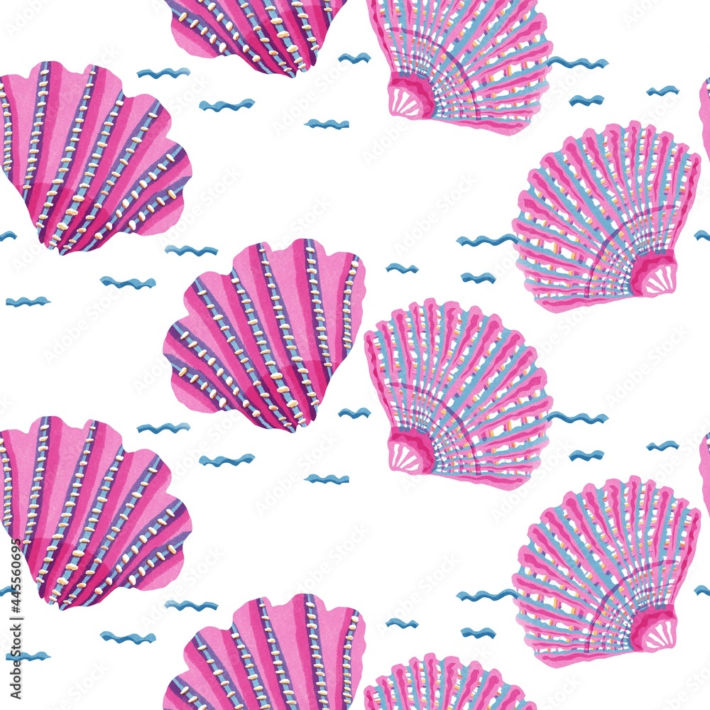 Whimsical seashell riso print seamless pattern. Colorful cute screen ...