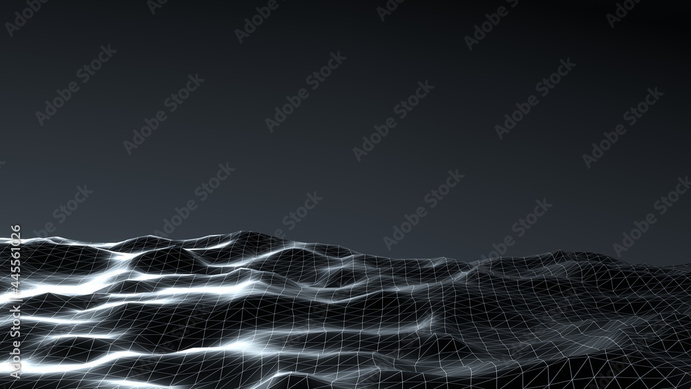 Abstract dark mesh sea with sunny path background. White 3d render of ...