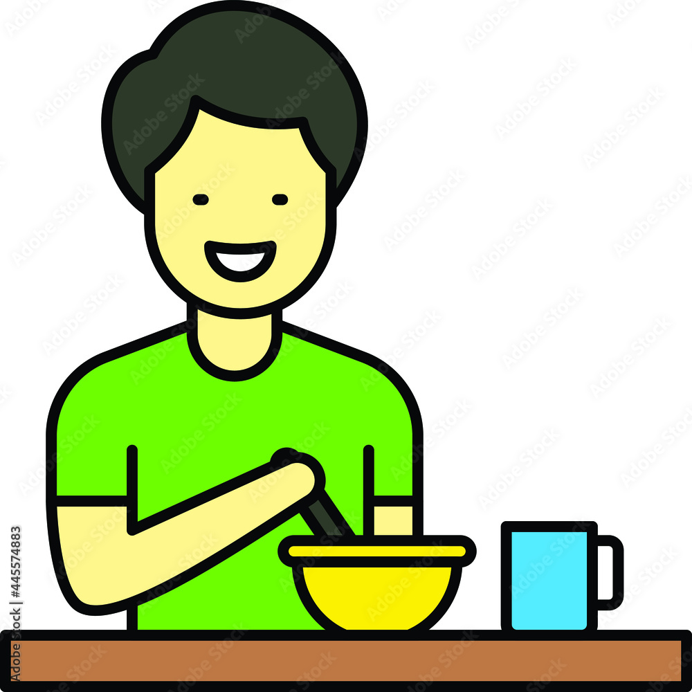 Person is taking Breakfast Concept, man eating meal sitting in kitchen ...