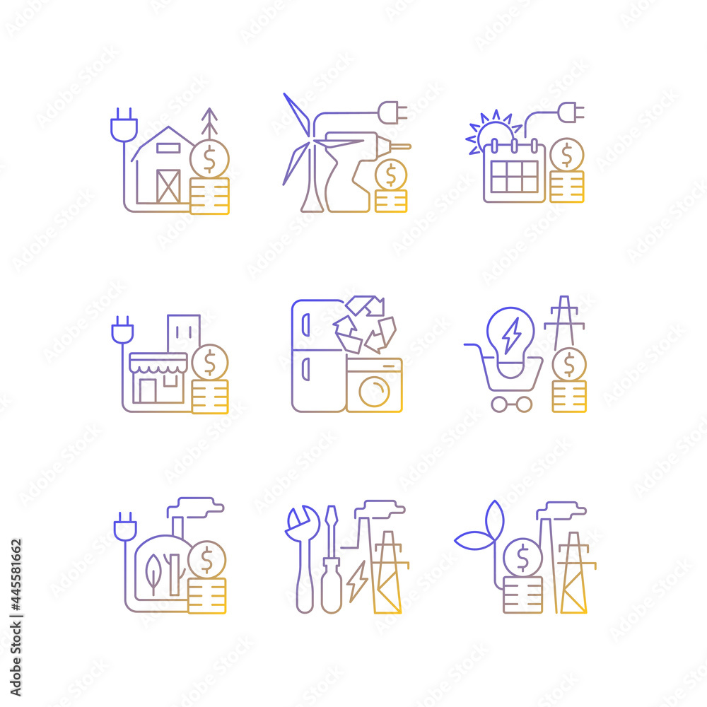 Electrical energy gradient linear vector icons set. Appliance recycling ...