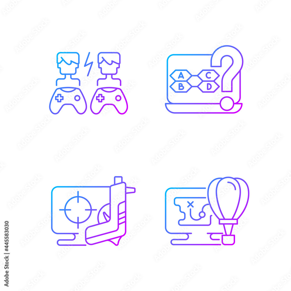 Cooperative games gradient linear vector icons set. Playing against other players. Intelectual ...